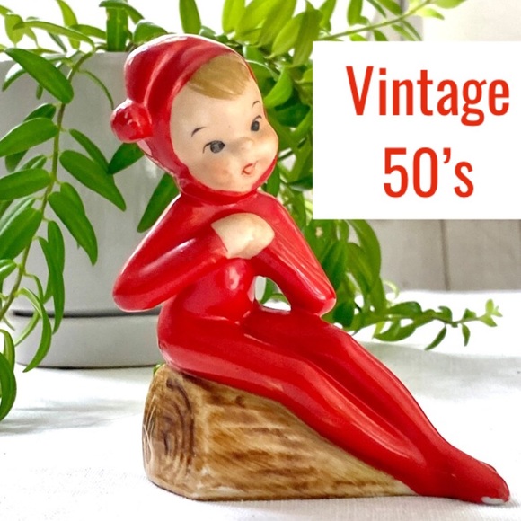 Vintage | Holiday | Antique Christmas Figurine Pixie Girl On Log ...